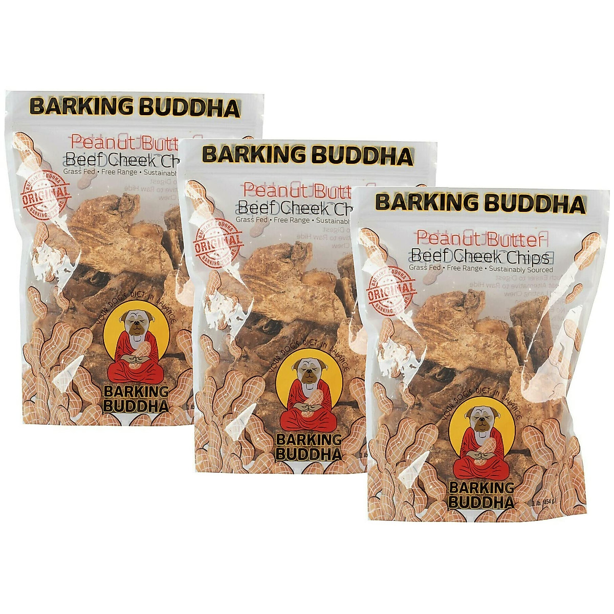 Barking Buddha Beef Cheek Chips | Extra Thick 2"-4" All Natural Rawhide Alternative No Hide Premium Dog Chew Strips | Peanut Butter | (Pack of 3-1LB Bags)