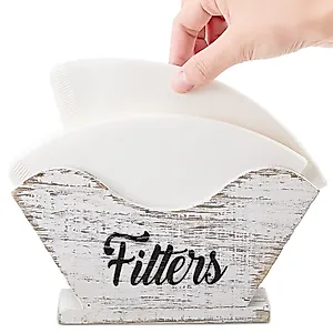 Farmhouse Coffee Filter Holder Rustic Wooden Cone Coffee Filters Pine Wood Coffee Filter Holder Rustic Style Filter Storage for Shelf Storage Square Cone Shaped Flat Bottomed Paper Filters (White)