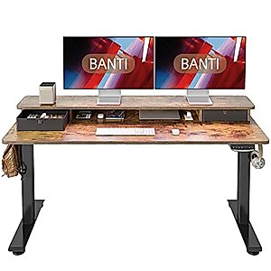 BANTI Electric Standing Desk with Double Drawers, 60x24 Inches Adjustable Height Stand Up Desk, Sit Stand Home Office Desk with Storage Shelf, Rustic Brown Top/Black Frame (B-SDE-60RC-DD)