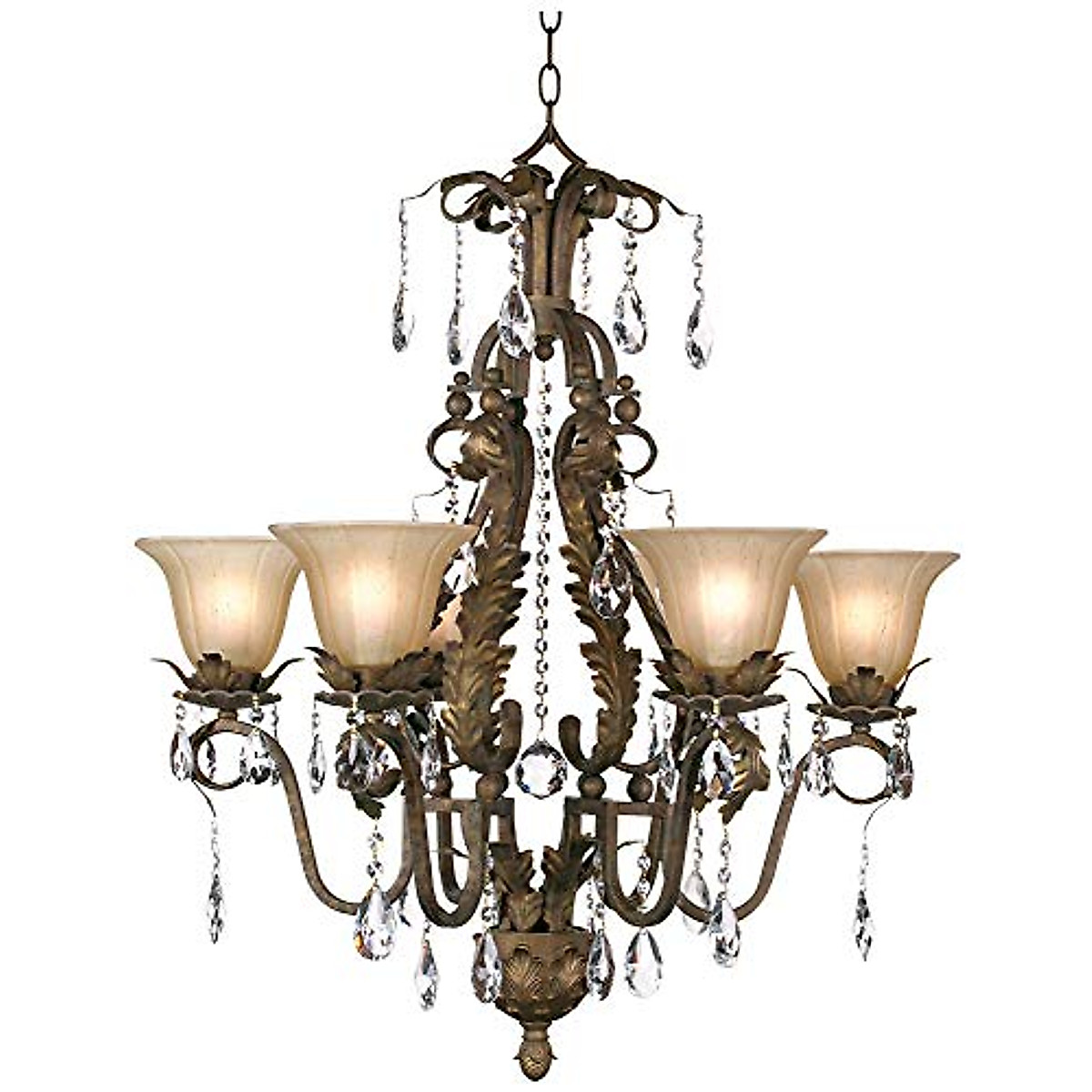 Regency Hill Iron Leaf Roman Bronze Chandelier Lighting 29" Wide Crystal Cream Glass Shade 6-Light Fixture for Dining Room House Foyer Entryway Kitchen Bedroom Living Room High Ceilings
