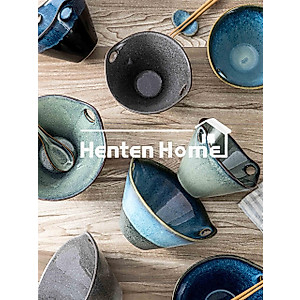 Henten Home 26 OZ Ramen Bowls Set, Ceramic Japanese Noodle Bowls Set of 2, Porcelain Deep Salad Bowl with Chopsticks for Udon, Reactive Glaze, Microwave Safe (Green)