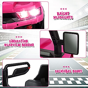 OLAKIDS 2 Seater Ride On Car, 12V Off-Road UTV Electric Vehicle with Remote Control, Dump Bed, Extra Shovel, Music, USB, AUX, Rocking Function, Kids Toddlers Battery Powered Truck (Pink)