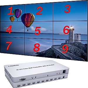 4K HDMI 3x3 Video Wall Controller with Al Audio | 9 Channels | HDMI 1.4, HDCP1.4 | 1 HDMI Input & 9 Outputs | 15 Display Modes - 1x2, 1x3, 1x4, 2x1, 2x2, 2x3, 2x4, 3x1, 3x2, 3x3, 4x1, 4x2