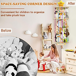 Diteryy Stuffed Animal Storage Wood Plush Toys Hanging Organizer Length Adjustable Stuffed Animal Holder with Moon Star Pattern Kids Toy Shelf Large Toy Storage for Nursery Playroom Bedroom Furniture