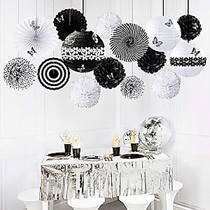 Black and White Party Decoration Kit Hanging Tissue Paper Fans Lanterns Flowers Pom Pom with 3D Butterfly for Wedding Engagement Birthday Baby Shower Anniversary Bachelorette Hen Party Decor Supplies
