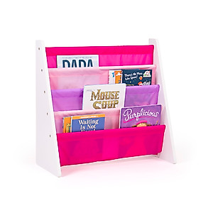 Humble Crew 4-Tier Kids Bookshelf, White Wood/Pink/Purple - Premium Book Shelf for Kids Rooms with Four Deep Pockets - Toddler Sling Book Rack with Deep Sleeves, Nursery Bookcase Organizer