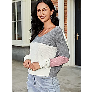 ZAFUL Women's Fashion Colorblock Sweater Knot Back V Neck Sexy Knit Pullover Long Sleeve Top (0-Multi, M)