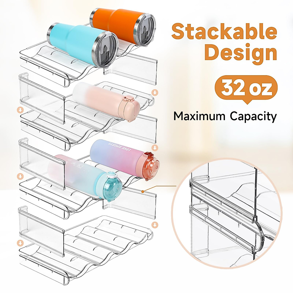 spospo Stackable Water Bottle Organizer, Large Compartment Water Bottle Holder, 4 Tier Clear Water Bottle Organizer for Cabinet, Bottle Rack for Kitchen Organization and Storage - Hold 16 Bottles