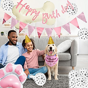Dog Birthday Decorations Girls - Dog Party Decorations Cute Dog Girl Birthday Bandana Hats Happy Birthday Banner Pennant Pink Dog Paw Bone Foil Balloons for Pet Puppy Party Supplies