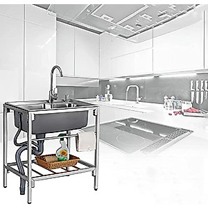 Stainless Steel Sink, 68 * 44cm Standing Kitchen Sink, Portable Handwashing Station with Hot and Cold Faucet Load-bearing 150kg Wash Basin for Laundry Backyard Garage Laundry