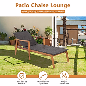 HAPPYGRILL 2PCS Patio Chaise Lounge Chair, Outdoor Rattan Recliner with 4-Level Adjustable Backrest, Solid Acacia Wood Frame, Ergonomic Lounge Chair for Backyard Poolside Balcony