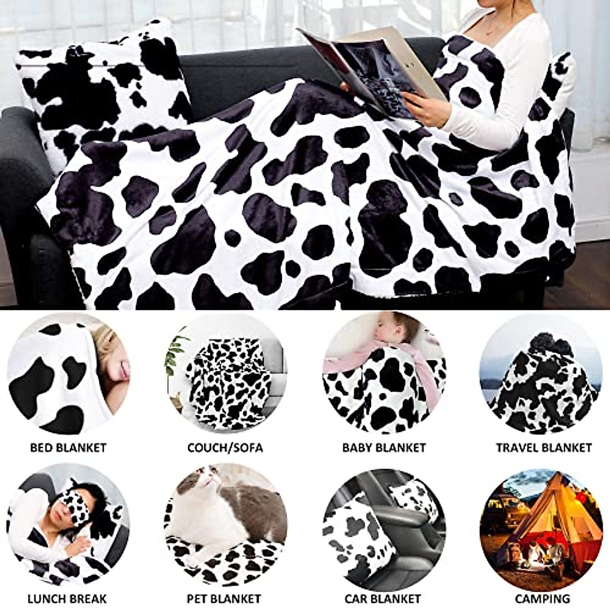 EMKISS Cow Print Blanket and Pillows Set Ultra Soft Cow Throw Blanket Plush Flannel Fleece Warm Cozy Blanket for Adults with 2Pcs Pillows Set for Sofa Couch Travel Camping 50" x 60"