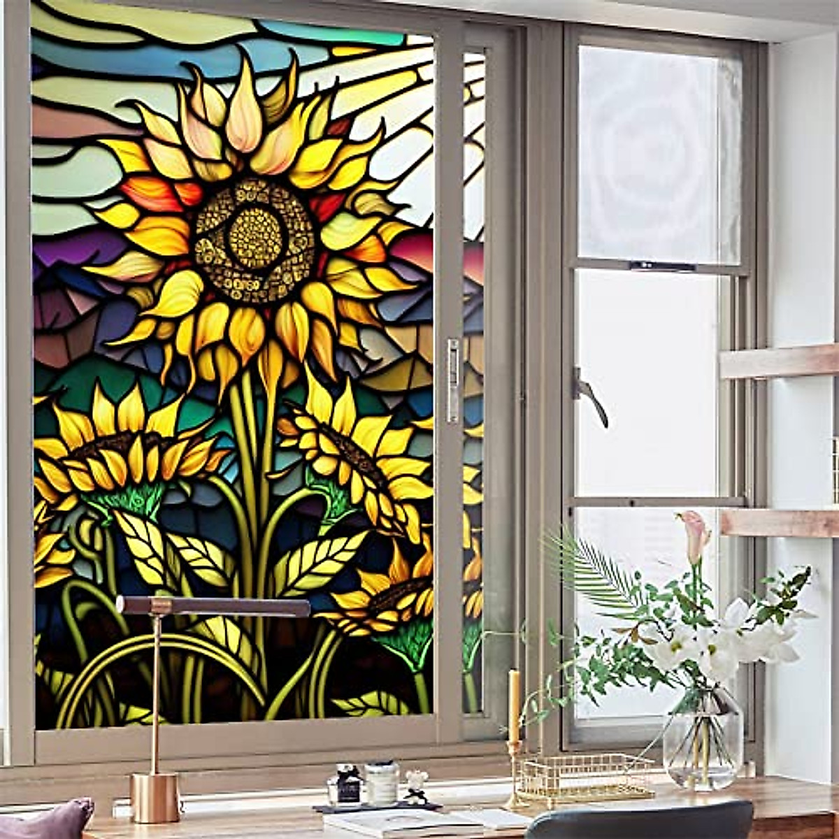 CREATIVE HOBBIES Window Privacy Film Sunflower Window Clings Stained Glass Window Film 78.7" x 17.3" Frosted Glass Window Decor Bathroom Window Coverings Static Cling Non-Adhesive