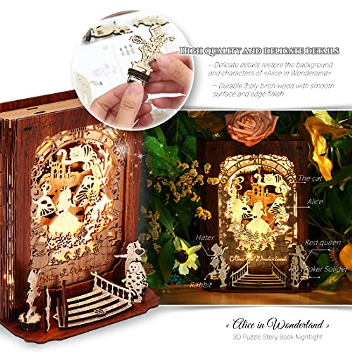 FUNPOLA Alice in Wonderland 3D Puzzle Nightlight – DIY 3D LED Book Lamp – 3D Wood Puzzles Décor Lamp for Kids and Adults