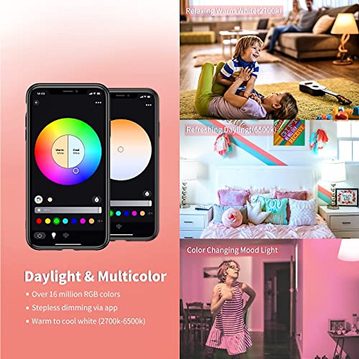 MagicLight Smart Light Bulb Works with Alexa Google Home, A19/E26 800LM Color Changing Light Bulb, WiFi & Bluetooth 5.0, Dimmable, RGBCW, Music Sync, APP Control, No Hub Required