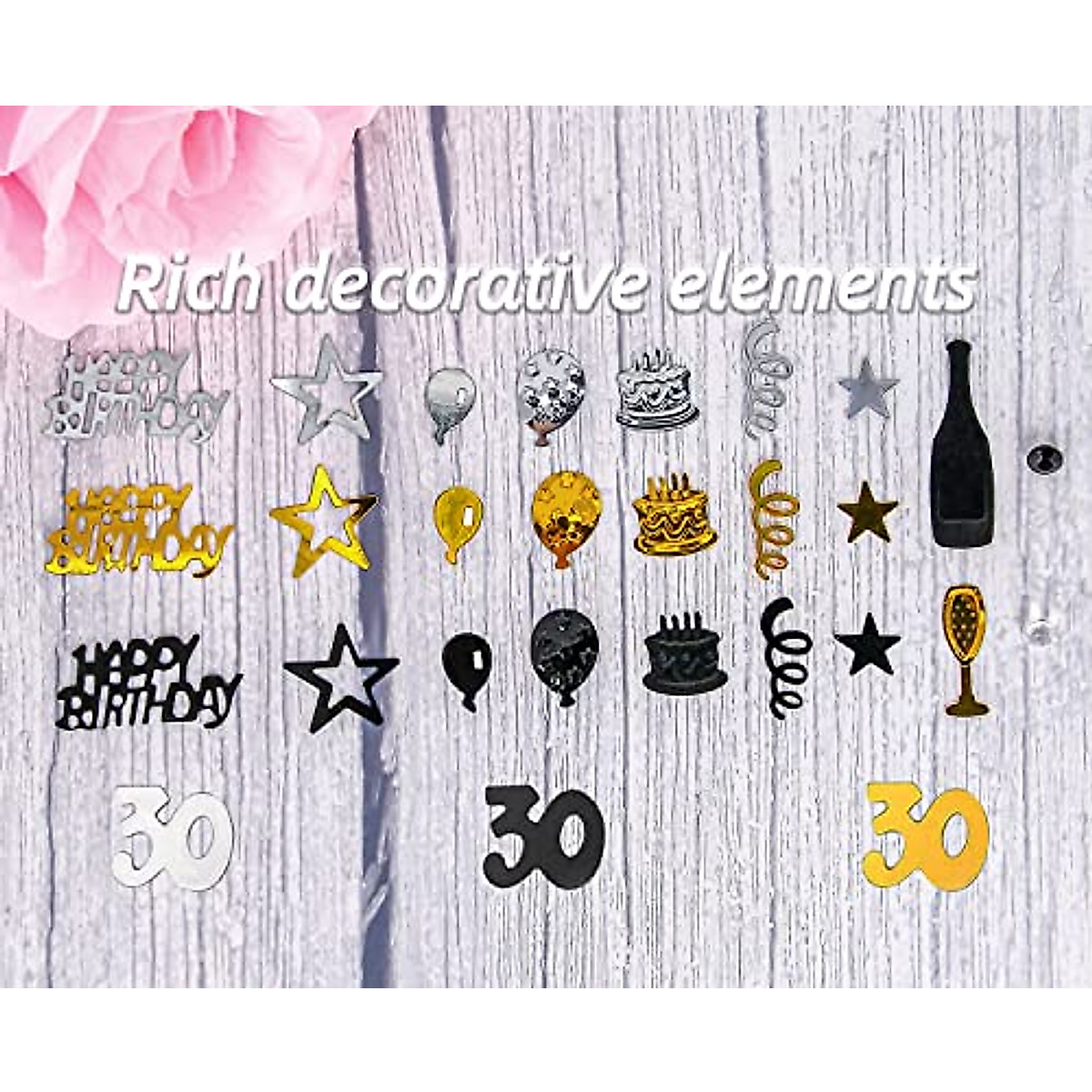 Giftota 30th Anniversary Happy Birthday Confetti Foils, Number 30 Table Birthday Confetti Decorations Party Supplies, Black Gold Silver, 3.53 oz
