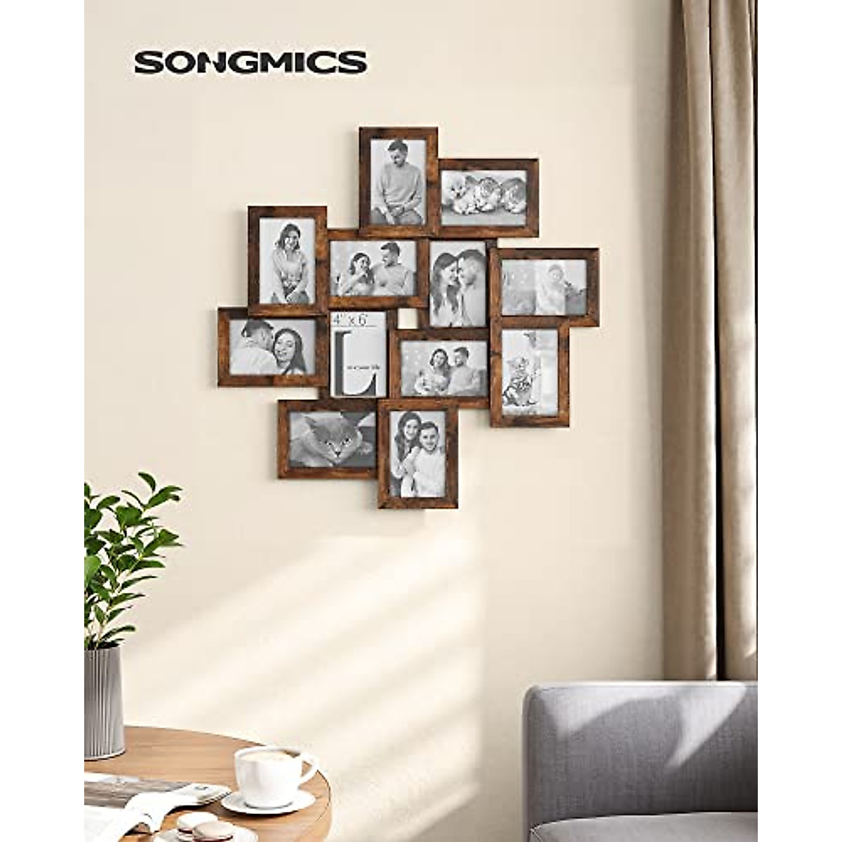 SONGMICS 4x6 Collage Picture Frames, Multi Picture Rustic Photo Frame Set with Glass Front for Wall Décor, Assembly Required (12-Pack)
