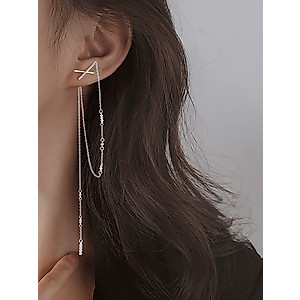 SLUYNZ 925 Sterling Silver CZ Long Dangle Earrings Chain for Women X Long Earrings Tassel 5.9inch (A-Silver)