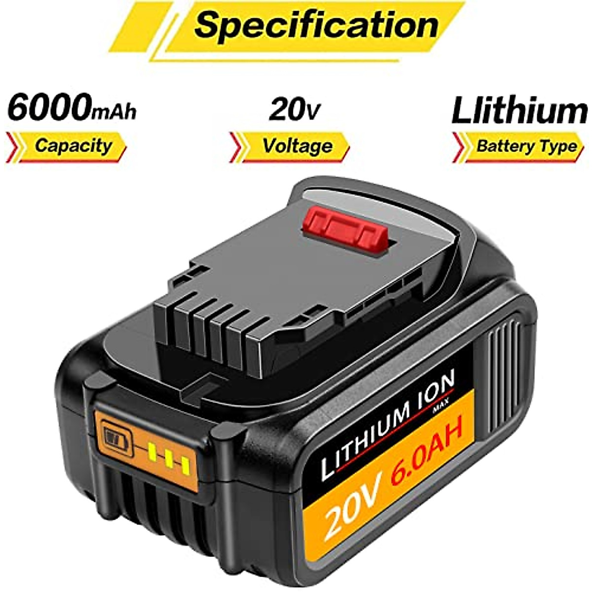 DTK 2Pack 6.0Ah Battery Replacement for Dewalt 20V Battery DCB200 DCB203 DCB204 DCB206 20V Lithium Batteries
