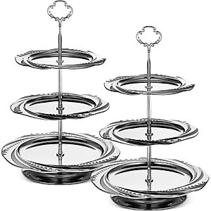 Zhehao 2 Set of Cake Stand Stainless Steel 3 Tiered Serving Stand Dessert Fruit Cupcake Tray Buffet Candy Cup Cake Holder Tea Party Tiered Stand Table Decorations for Wedding Birthday (Silver)