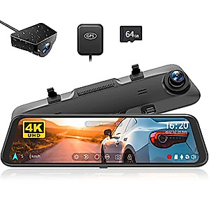 WOLFBOX G850 4K Mirror Dash Cam,12'' Mirror Dash Cam Front and Rear,1080P Rear View Mirror Camera,Dual Dash Camera for Cars with 64GB TF Card & GPS,Super Night Vision,Parking Monitoring