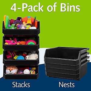 ReadySpace Plastic Containers for Organizing and Storage Bins for Closet, Kitchen, Office, Garage or Pantry Organization, Stackable Bins, Extra Large (14.8" x 16.5" x 7"), 4-Pack, Black