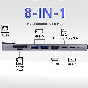 USB C Hub, WUJO 8 in 1 USB C Adapter with 4K HDMI, 1Gbps Ethernet, 87w Type C PD,Thunderbolt 3 USBC Port, 2 USB 3.0, SD/TF Card Reader, Compatible with MacBook Pro/Air, Pixelbook,XPS, Chromebook.