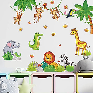 Supzone Jungle Animals Wall Sticker Cartoon Animal Wall Decal Monkey Giraffe Lion Zebra Elephant Wall Decor DIY Vinyl Mural Art for Kids Baby Nursery Bedroom Living Room Playroom