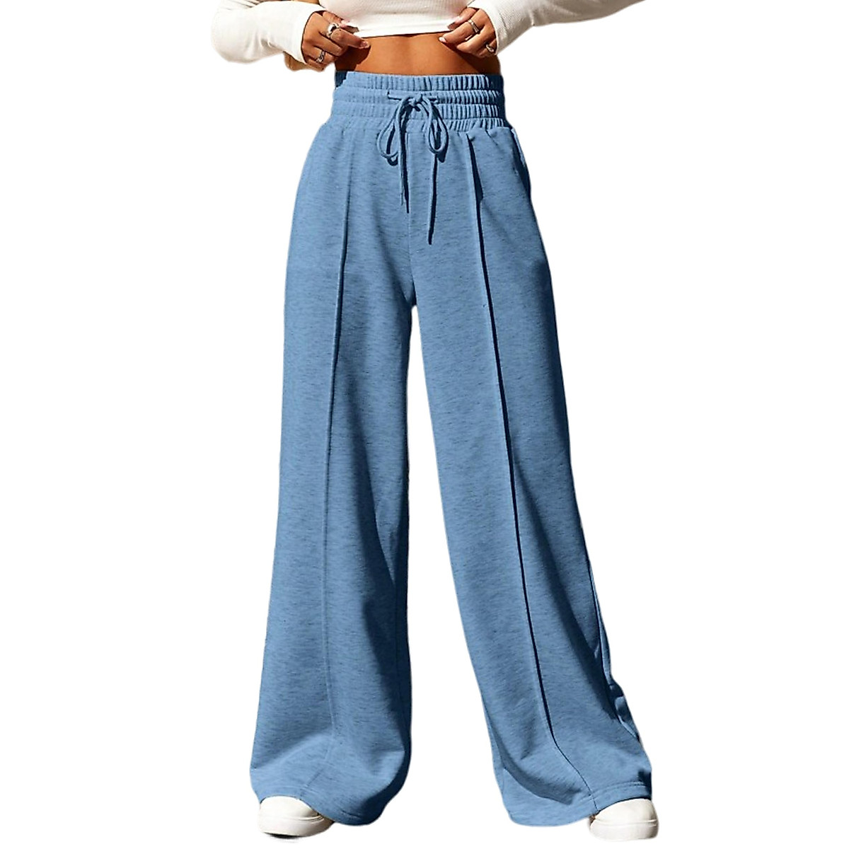MISSACTIVER Women Casual High Waist Elastic Drawstring Baggy Sweatpants Workout Athletic Patchwork Wide Leg Joggers Pants Blue