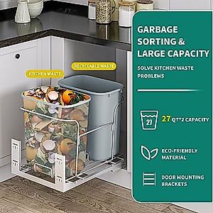 YITAHOME Double 27 Quart Pull-Out Trash Can with Soft-Close Slides, Sliding Under Mount Kitchen Waste Garbage Container for 20.9" W x 25" D x 20.9" H Minimum Cabinets, Gray