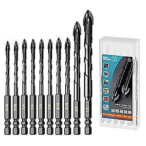 NewShark Concrete Drill Bit Set 10PCS, Masonry Drill Bits for Brick, Glass, Plastic and Wood, Tungsten Carbide Tip Work with Ceramic Tile, Wall Mirror, Paver on Concrete or Brick Wall（3/16”-1/2” ）