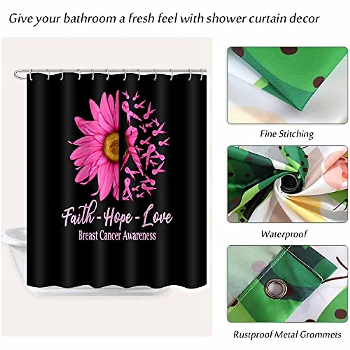 EARVO 4Pcs Breast Cancer Awareness Shower Curtain Curtain Set with Non-Slip Rugs, Toilet Lid Cover and Bath Mat, Pink Ribbon Bath Curtain 71x72 inches 12 Hooks SETYYEA22