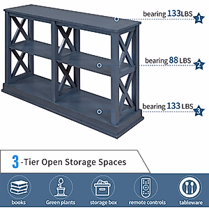 LUMISOL Narrow Industrial Console Table with 3 Tier Shelves, Entryway Table with X-Shape-Design Bookshelf, Sofa Table with Storage for Entryway, Navy Blue