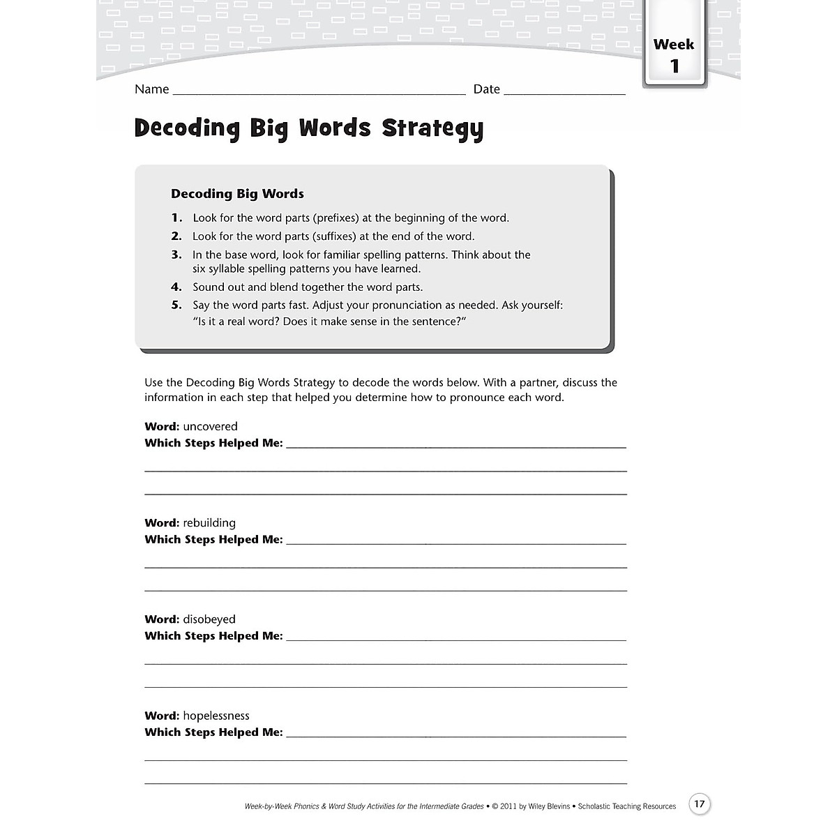 Scholastic Week By Week Phonics and Word Study for the Intermediate Grades, Grades 3-6