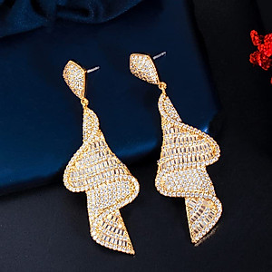 14K Gold Spiral Crystal Drop Earrings for Women,Sparkling Irregular Geometric Moissanite Long Dangle Earrings,Luxury Jewelry Gift for Her (Yellow Gold, 14K Gold)