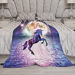 Colourful Unicorn on Ocean in Night Flannel Fleece Throw Blanket Soft Warm Lightweight Fuzzy Plush Blankets for Bed Couch Sofa 70"x80"