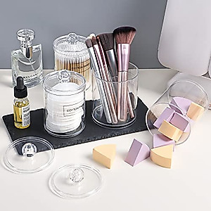 4 Pack Qtip Holder Dispenser - 10oz, 12oz Clear Plastic Apothecary Jars Set - Restroom Bathroom Makeup Organizers Containers for Floss, Cotton Ball, Cotton Swab, Cotton Round Pads, Hair Ties, Bath Salt