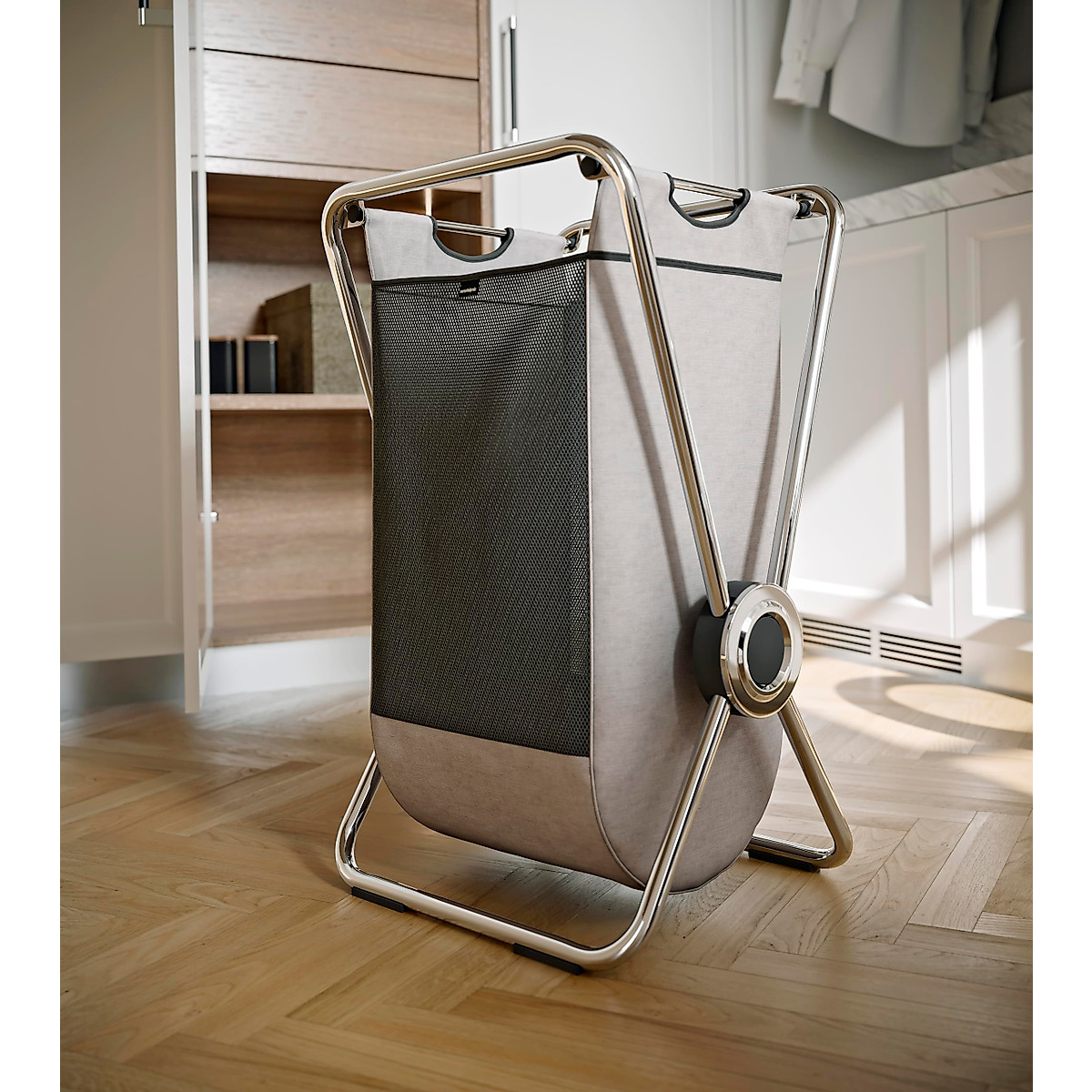 simplehuman x-frame laundry hamper, 100% recycled polyester collapsible laundry baskets with easy carry handles, heavy-gauge steel frame, chrome, 80L