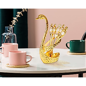 Coffee Spoon Set, Metal Swan Base Holder Dessert Spoon Organizer with 6pcs Spoons Teaspoon Dessert Flatware Set for Coffee Fruit Dessert Ice Cream Cake (Gold)