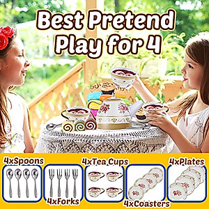 Cheffun Tea Set for Little Girls - Tea Party Pretend Play Kitchen Set Sweet Princess Accessories Plastic Tea Cups Dishes Play Food Macaroons Cake Set Stands Play Set for Toddlers Kids Ages 3 4 5 6 7+