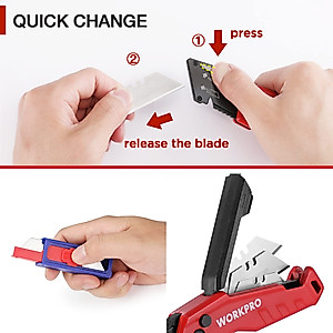 WORKPRO Folding Utility Knife, Quick Change Box Cutter, Razor Knife for Cartons, Cardboard, Boxes, Blade Storage in Aluminum Handle, 13 Extra Blades Included (Red)