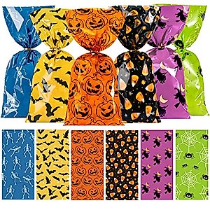 Whaline 150Pcs Halloween Cello Bags Cellophane Bags 6 Design with Twist Tie Candy Treat Bags Sweet Bags Pumpkin Spider Bat Bone Gift Bags Orange Party Favors for Halloween Day Table Decor