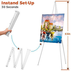 ARTASY 63" Easel Stand for Wedding Signs, Posters, Portable Artist Easel for Painting Canvas, Tripod for Home and Office, Supports 5 lbs-White 1/Pack