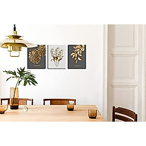 Gray and Gold boho Abstract Wall Art 3 Pieces Modern Stretched and Framed White Flower Gold Leaf Canvas Paintings for Living Room Home Office and Bedroom Bathroom Wall Decor Canvas Size: 12"x16"x3