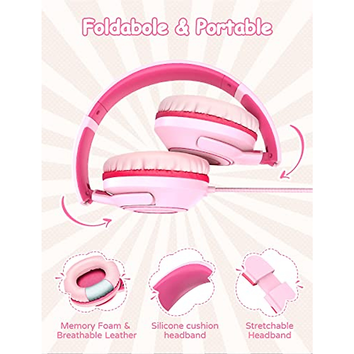 Kids Headphones Wired with Microphone, 85/94dB Volume Limit, Foldable Adjustable Headphone for Girls Boys Children, Tangle-Free 3.5mm Jack Wired for Study, School, Kids Headset for iPad (pink&black)