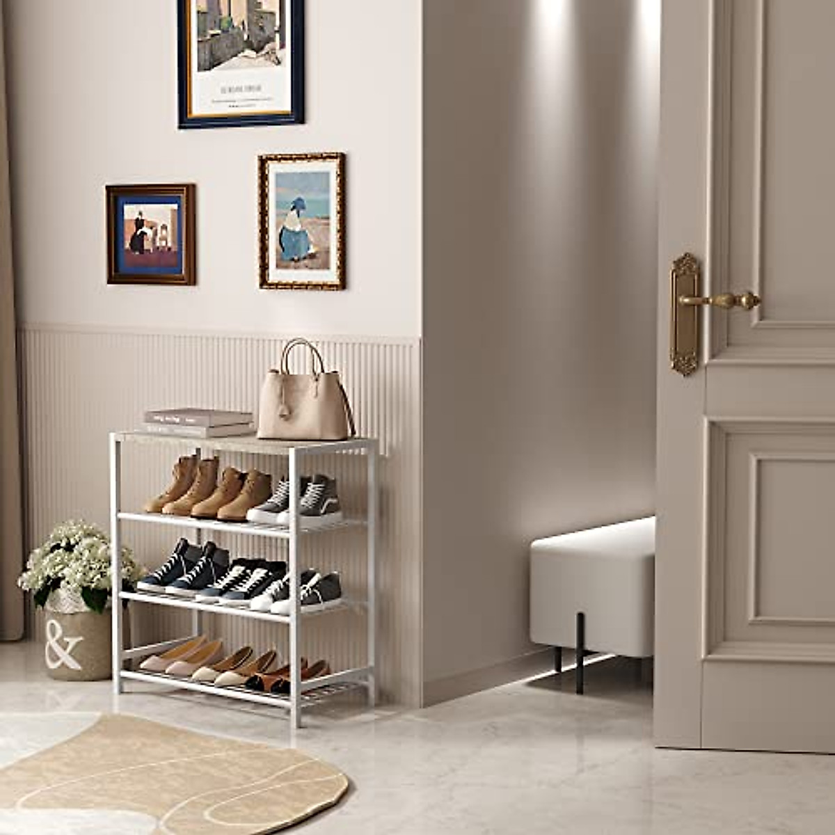 COZYFUN Industrial Shoe Rack 4-Tier Metal Shoe Storage Organizer, Shoe Storage Shelves with Stable Metal Frame, Small Shoe Organizer Shelf for Hallway, Closet, Entryway, Living Room (White)