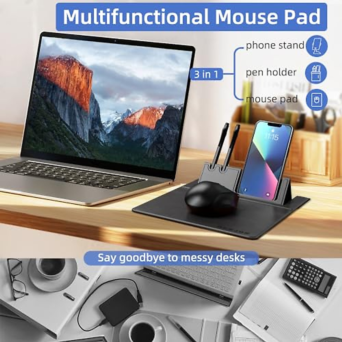 Travel Mouse Pad with Pen/Phone Holder - Foldable Portable for Laptop, PU Leather - Small Modern Thin Multifunctional Mouse Pad - Black