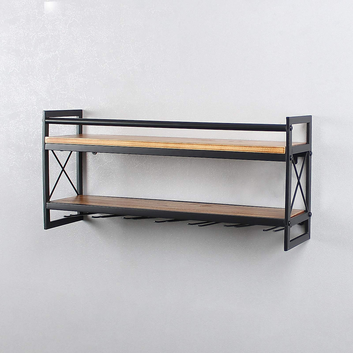 OISSIO Industrial Stemware Rack,Wine Rack Wall Mounted with Wood Shelves,2 Tier Stemware Storage with 7 Stem Glass Holder for Wine Glasses,Mugs,Home Decor,Black(30 inch)