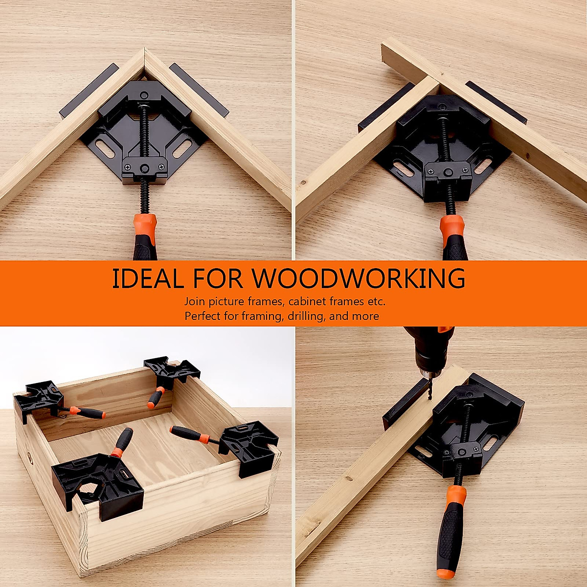 ENGiNDOT Corner Clamp 2Pcs, Right Angle Clamp 90 Degree for Woodworking, Aluminum Alloy Frame Clamp, Adjustable Swing Jaw, Carbon Steel Threaded Rod, Ideal for Welding, Framing, Drilling, Doweling