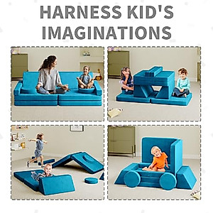 linor Modular Kids Play Couch 10Pcs, 65.4" Kids Couch for Playroom Bedroom, Multifunctional Modular Toddler Couch, Over 10 Combinations Creative Sofa for Imaginative Kids (Navy)